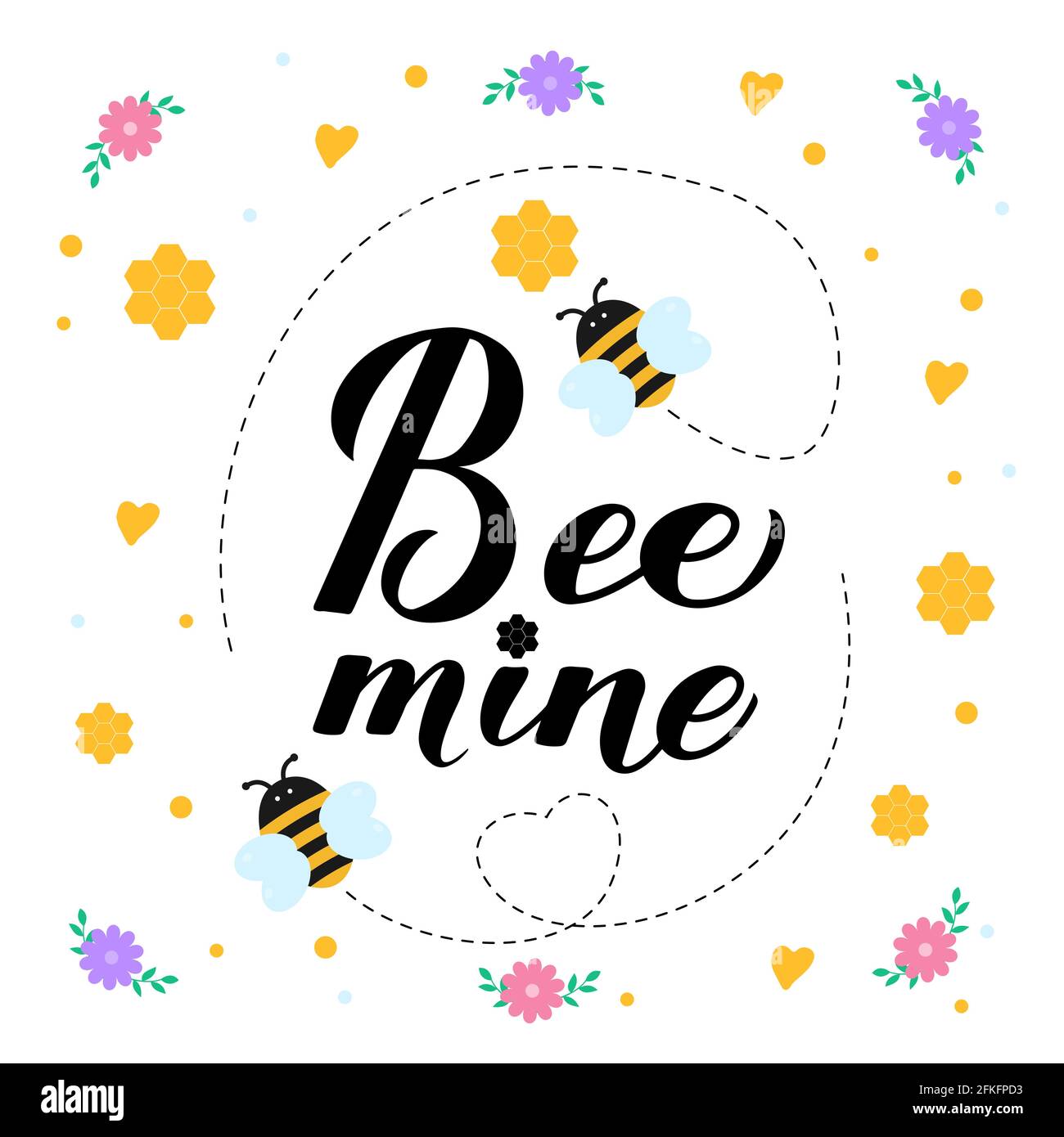 Funny Valentines Day card. Bee Mine calligraphy hand lettering with ...