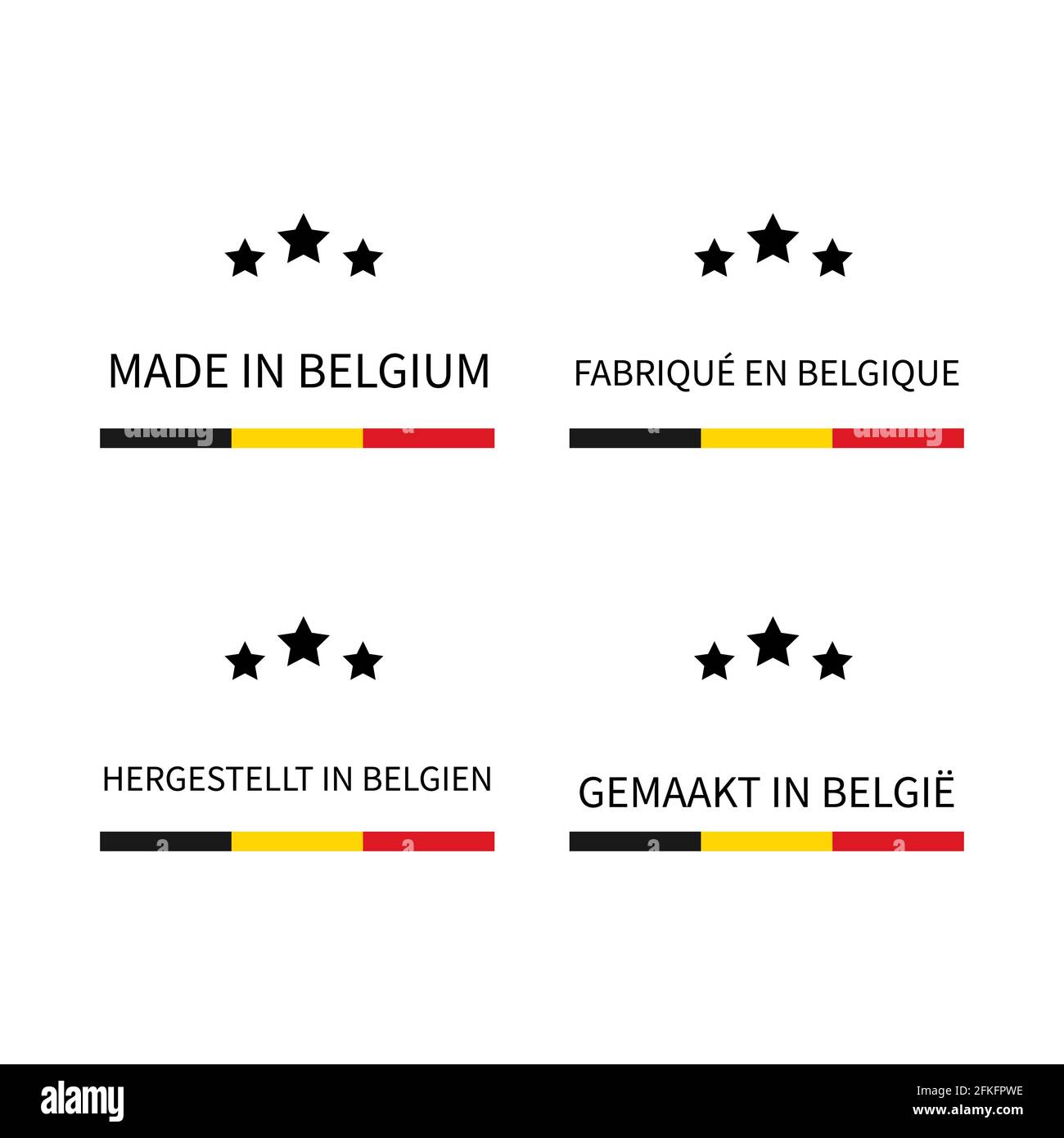 Made in Belgium labels in English, French, Dutch and German languages ...