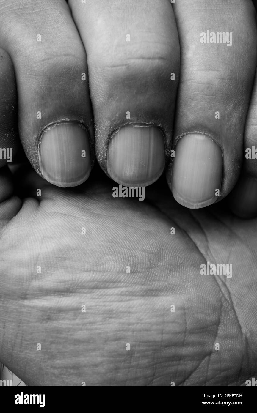 Macro view in black and white of human male fingers with nails and skin ...