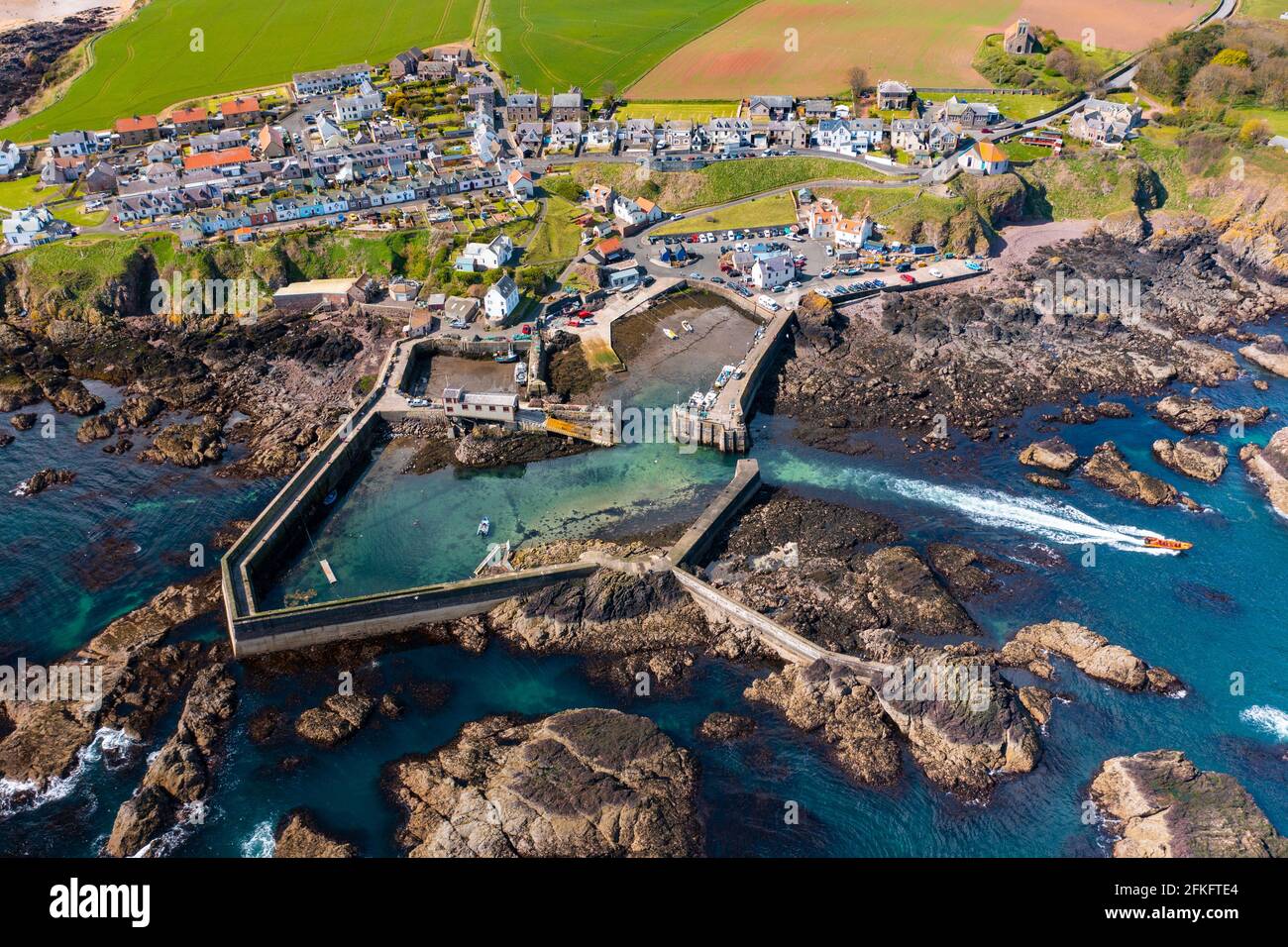 Aerial view from drone ot St Abbs in Scottish Borders, Scotland, UK ...