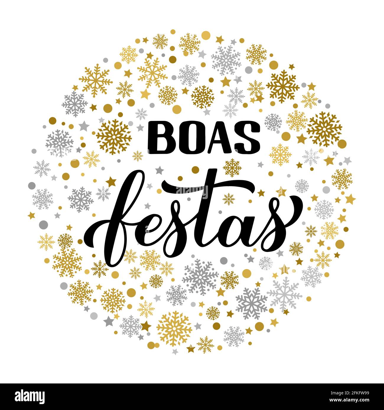 Boas Festas calligraphy with gold and silver snowflakes. Happy Holidays ...