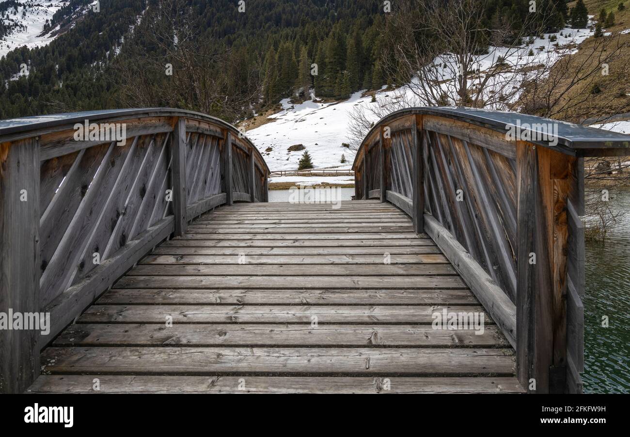 Bridge to the small island in the Moos fish pond, Austria Stock Photo ...