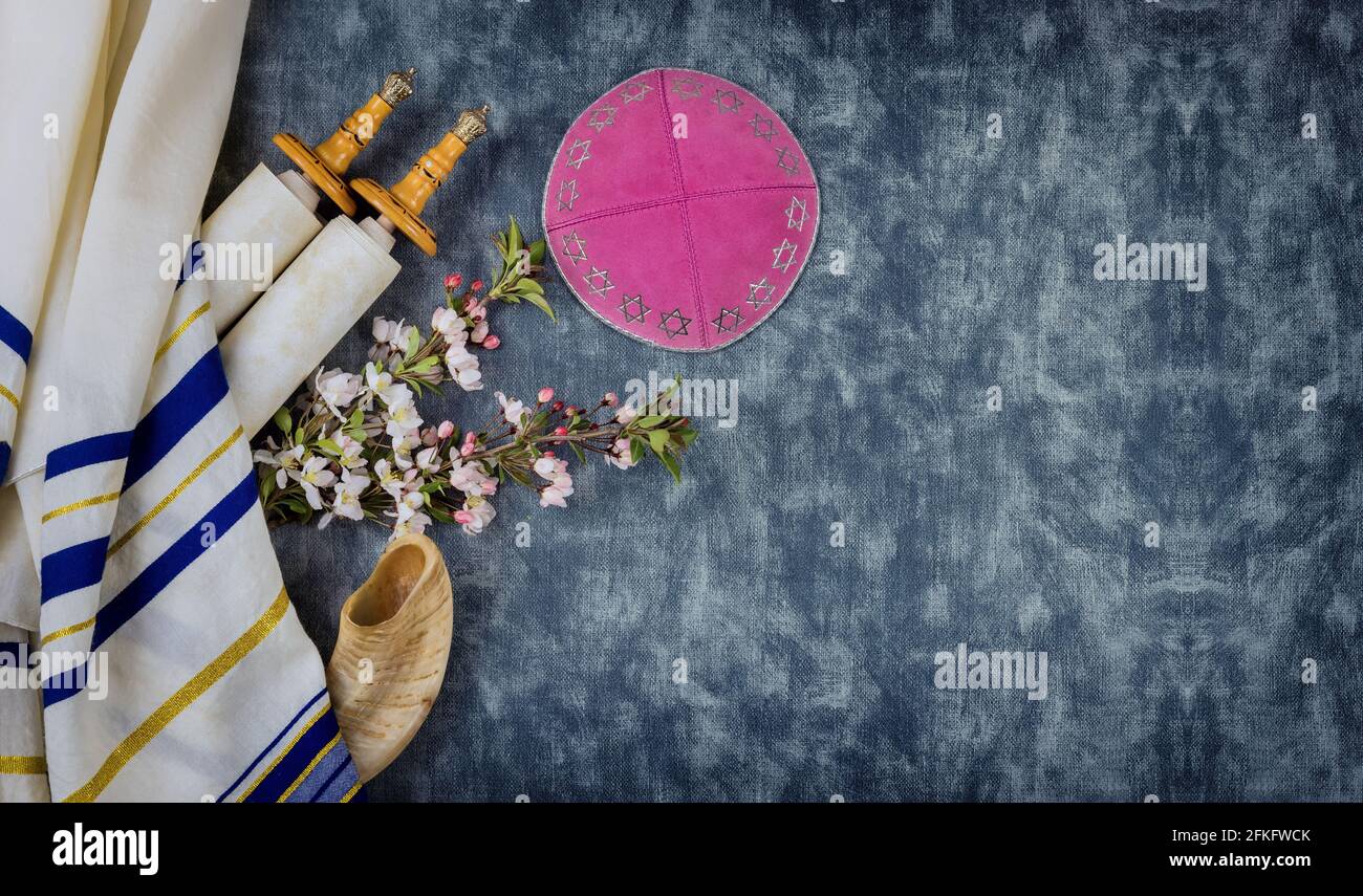 Jewish holidays, during prayer items kippa with prayer shawl tallit on ...