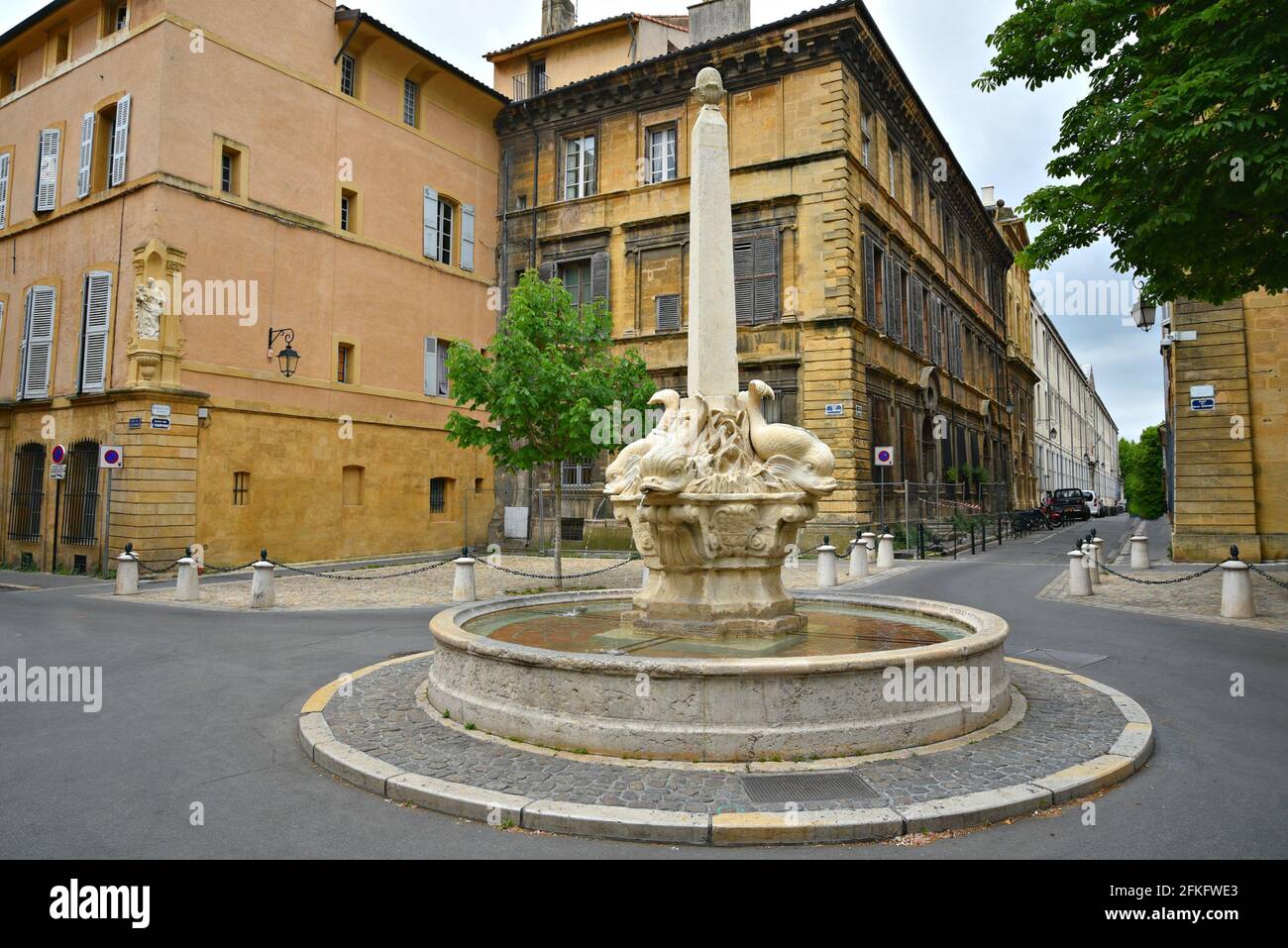 Scenic view of Place des Quatre Dauphins with the Baroque style water fountain, a landmark of ...