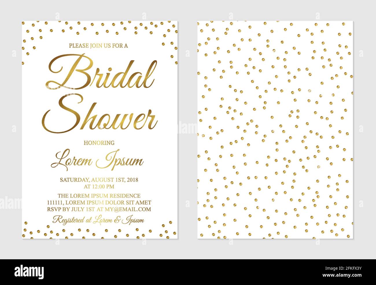 Gold confetti bridal shower invitation card front and back side. Golden ...