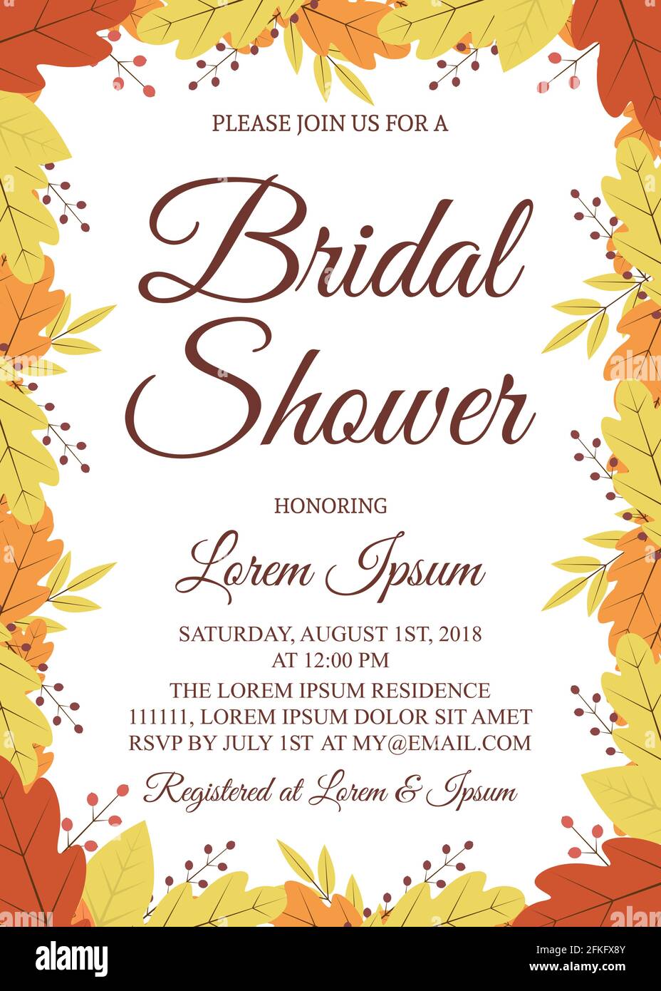 Autumn bridal shower invitation card. Border with colorful leaves and ...