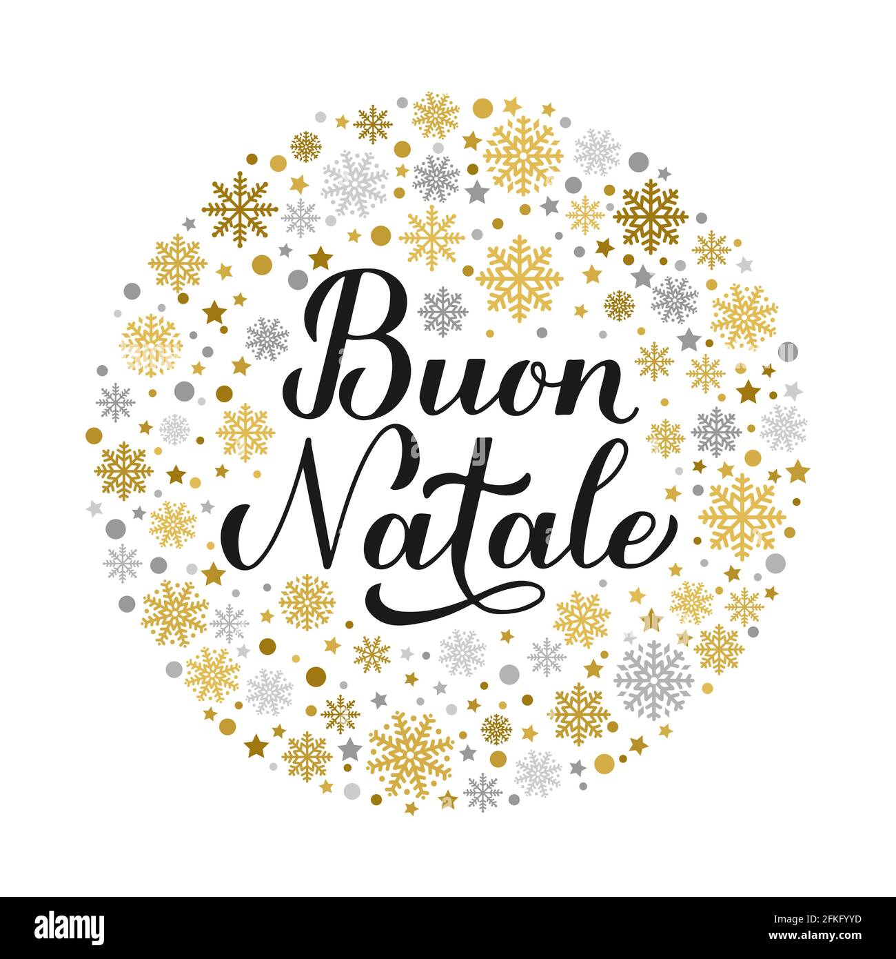 Buon Natale calligraphy hand lettering with gold and silver snowflakes ...