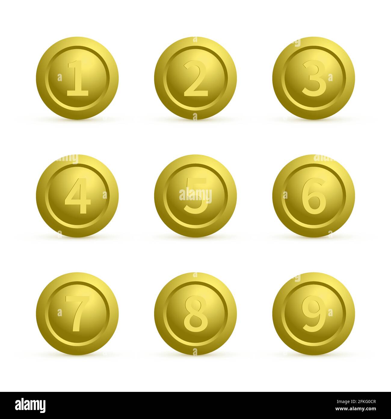 Set of gold round buttons with numbers from 1 to 9 with shadows. Golden ...