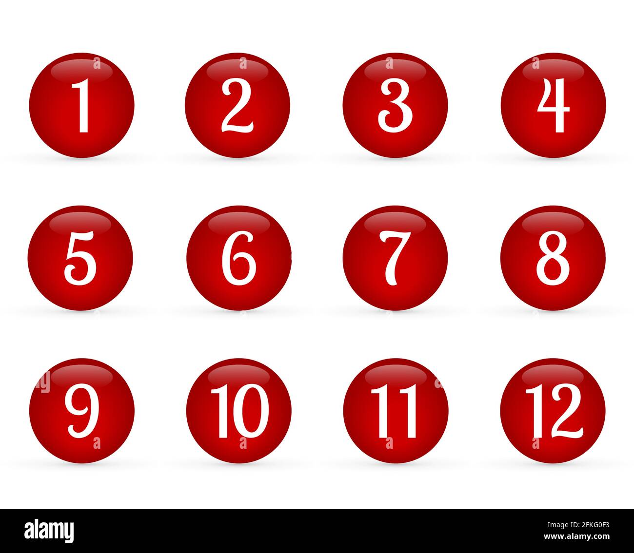 Set of glossy round buttons with numbers from 1 to 12. Red glass ...