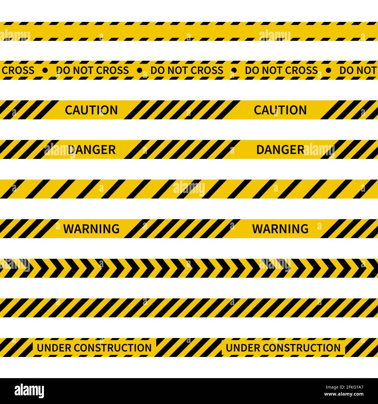 Caution tapes. Set of 9 seamless warning tapes isolated on white. Black ...