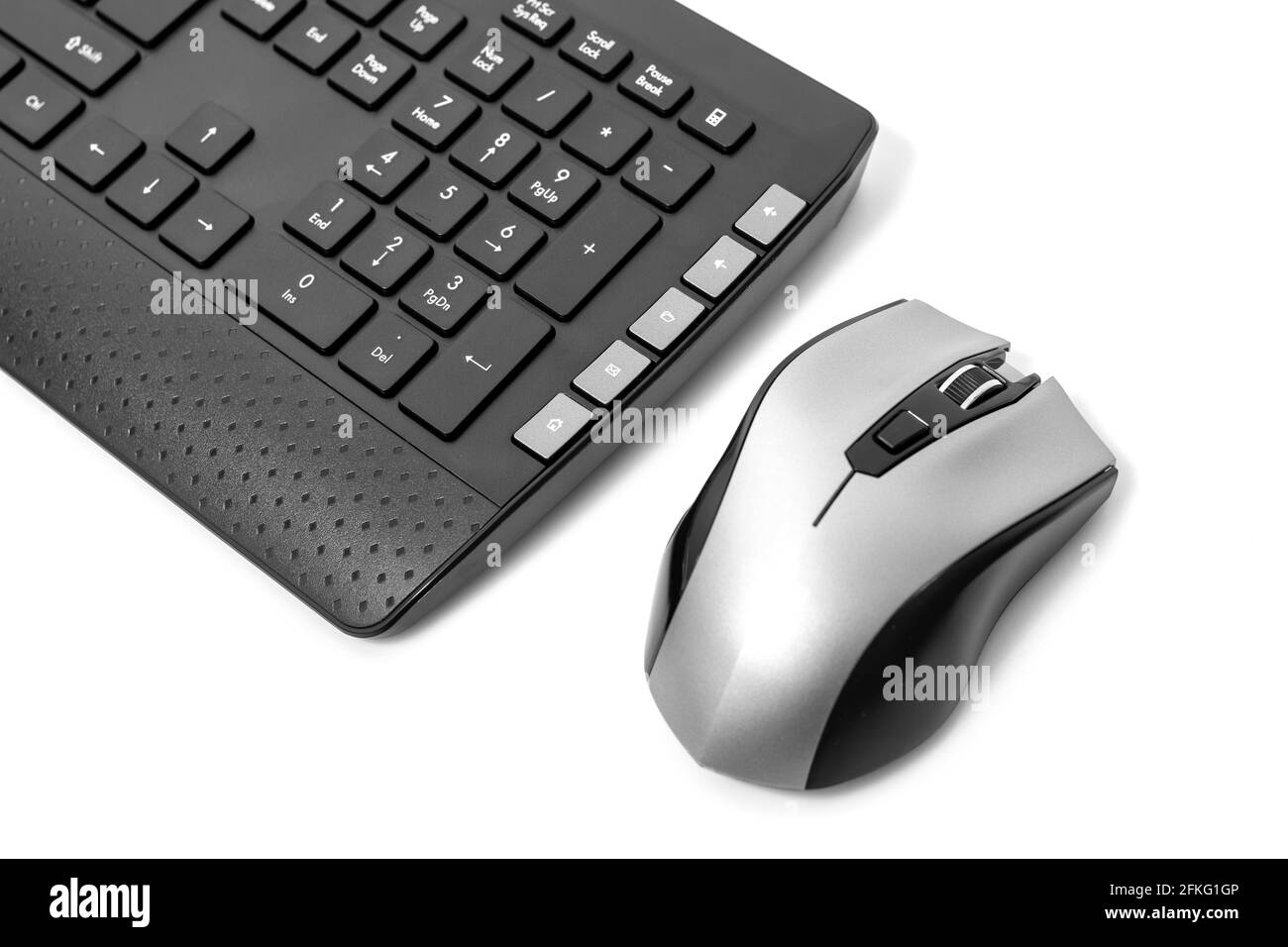 Close up view of a wireless black personal computer keyboard and scroll ...