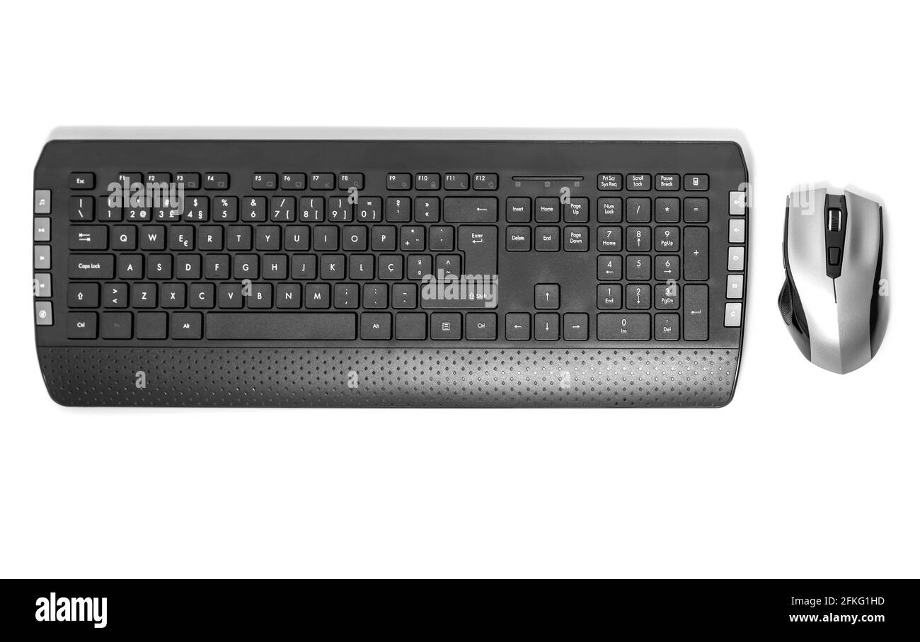 Close up view of a wireless black personal computer keyboard and scroll ...