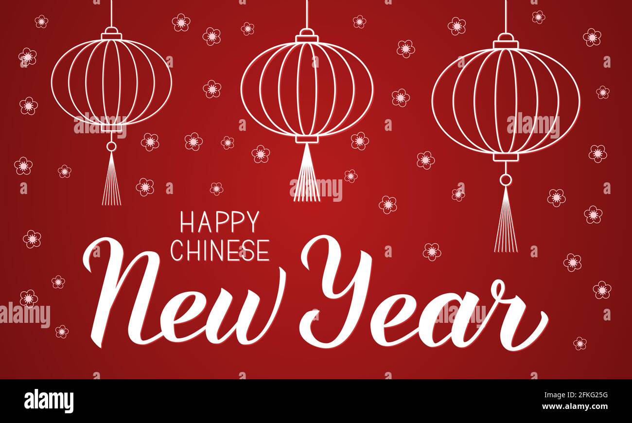 Happy Chinese New Year writing on red background with cherry blossom ...