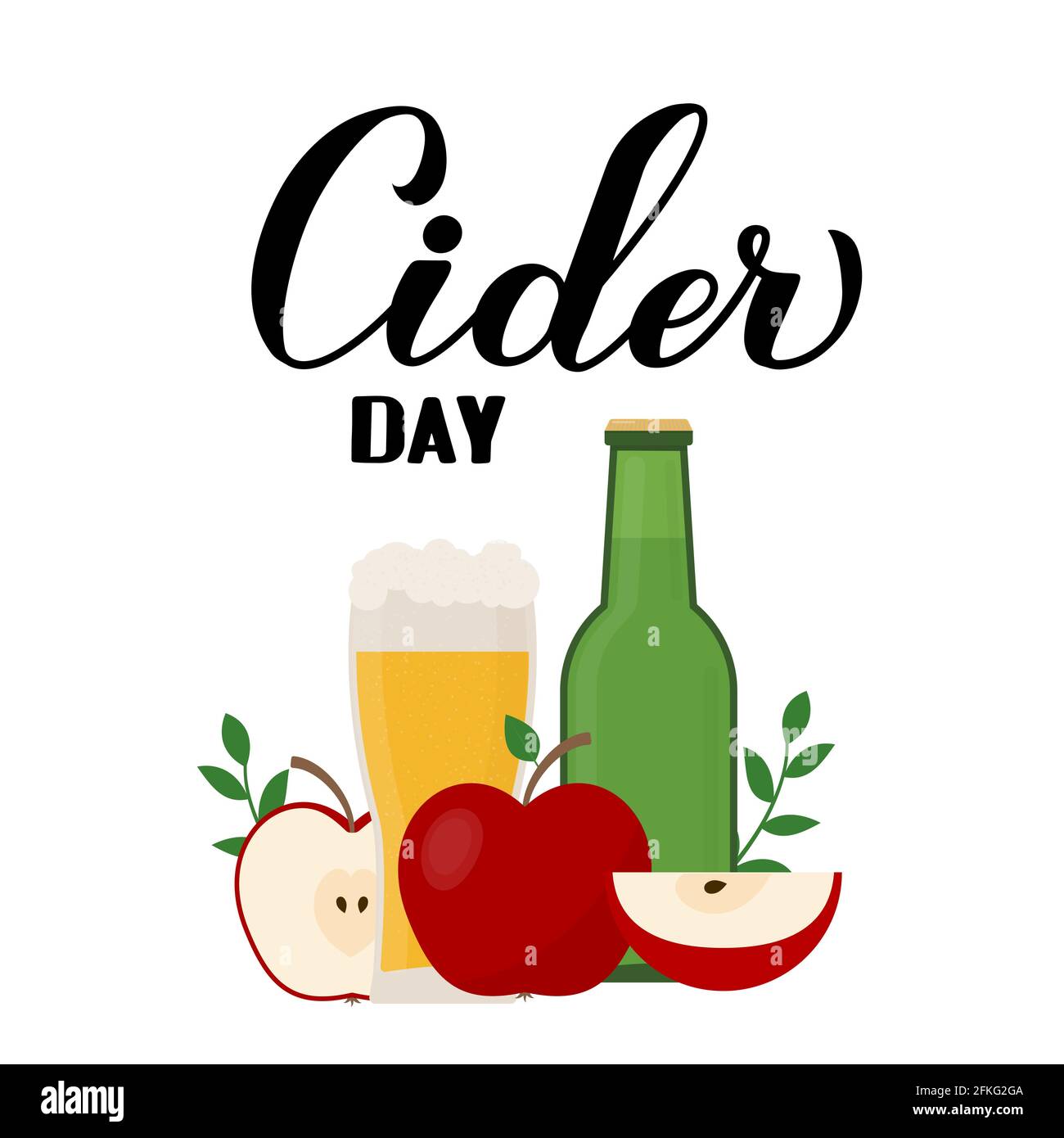 Cider Day calligraphy lettering with apple, bottle and glass of ...
