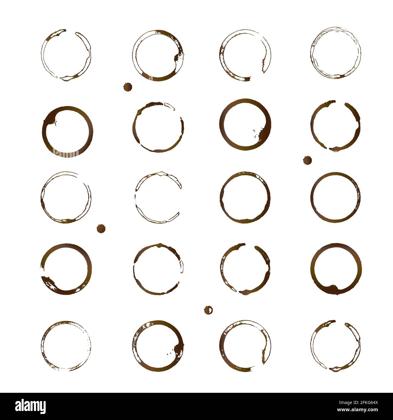 Set of 20 vector coffee stains. Brown coffee cup bottom rings and drop ...