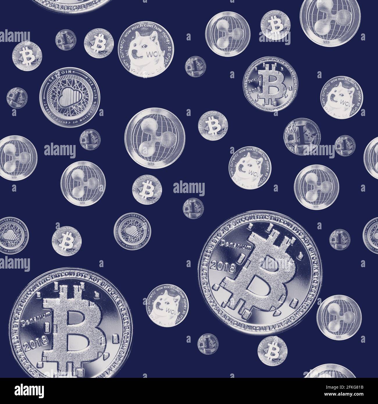 Illustration of silver bitcoin logos and other round objects on a dark ...