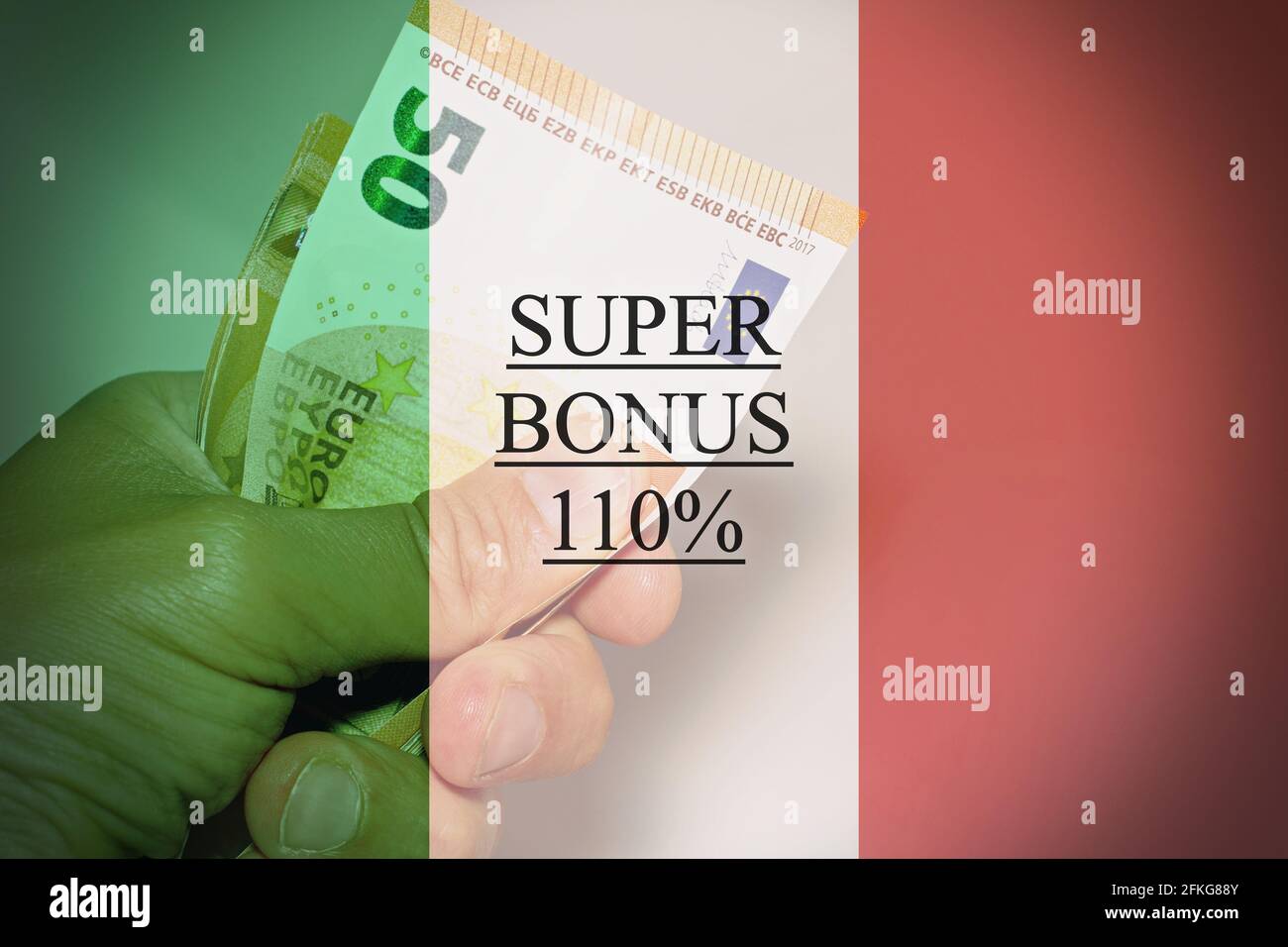 Italian flag with euro banknotes as background with the text "super ...