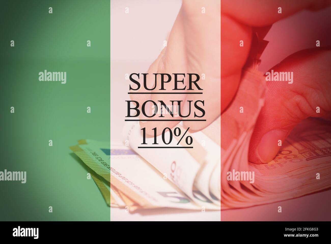 Italian flag with euro banknotes as background with the text "Super ...