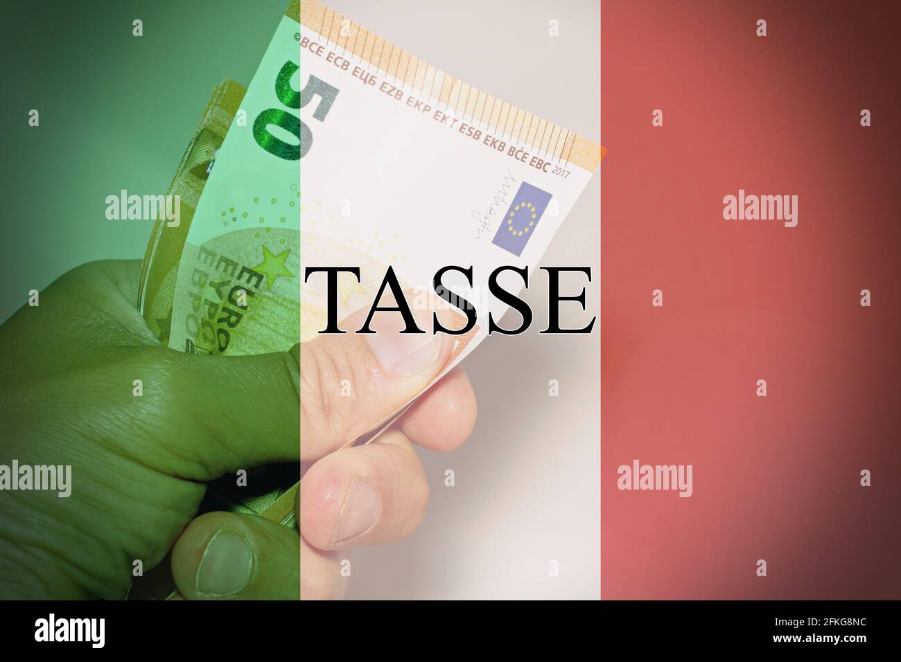 Italian flag with euro banknotes as background with the text "tasse ...