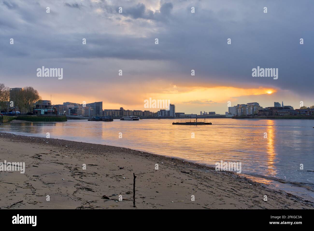 sunset sky over London, river Thames, dockland, East London, England ...