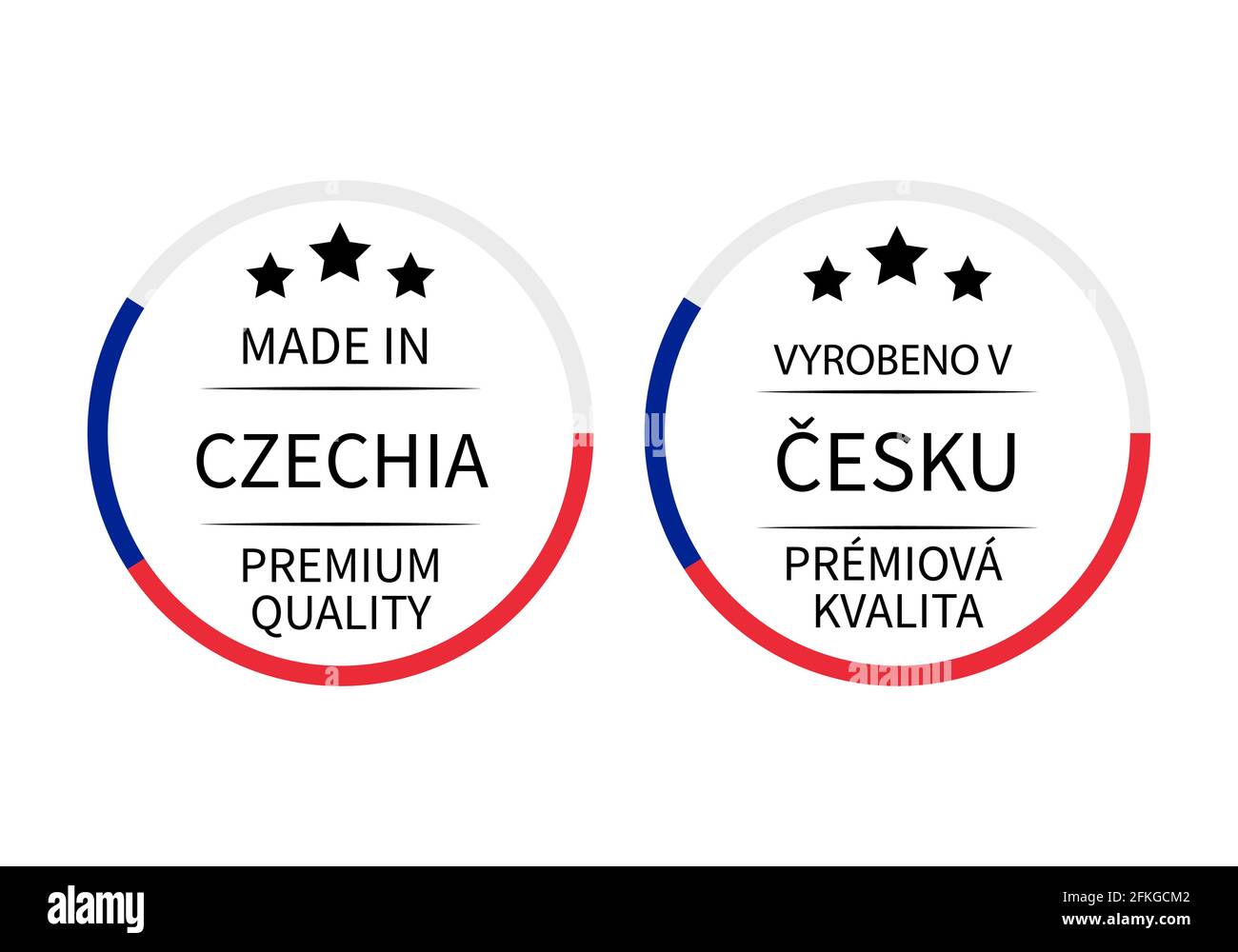 Made in Czechia round labels in English and in Czech languages. Quality ...