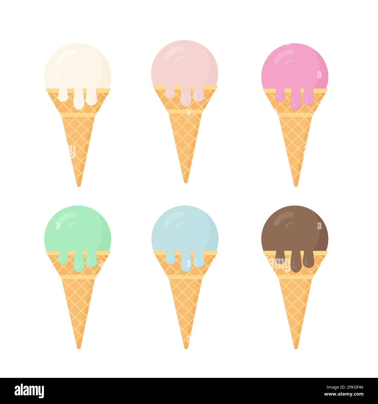 Set of colorful ice creams in waffle cones. Six different flavors ...
