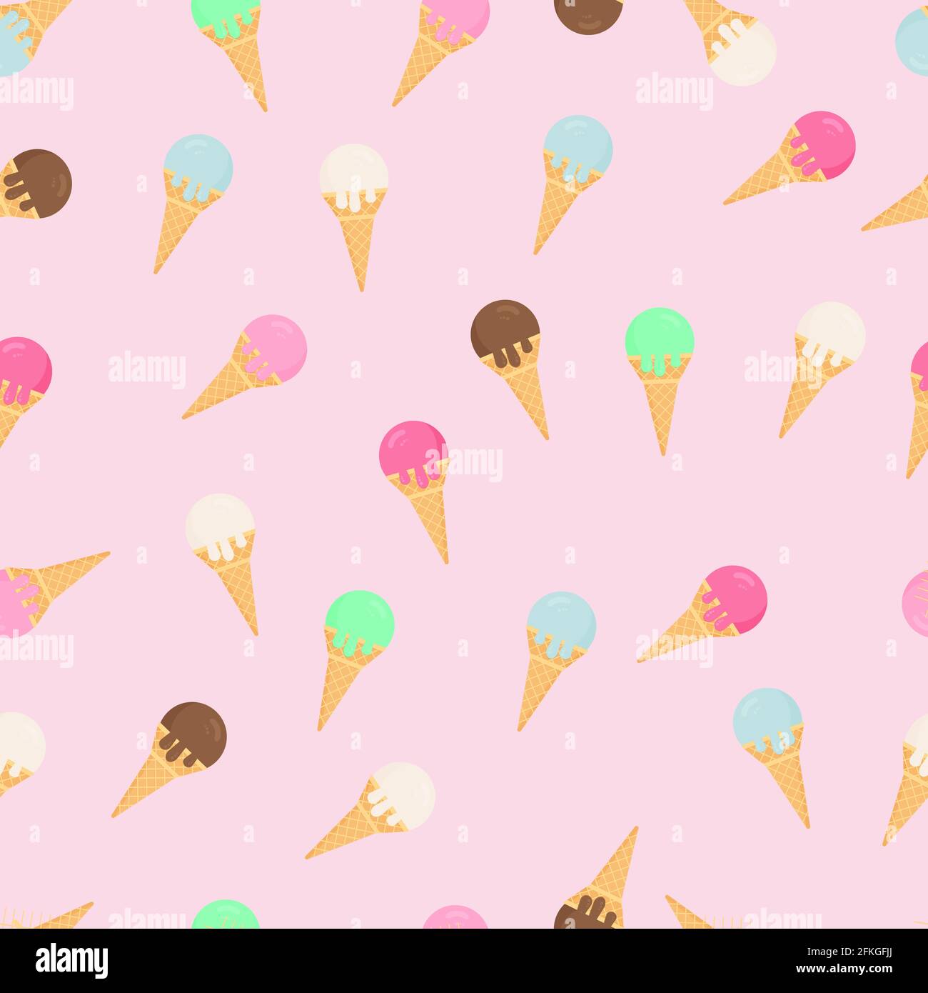Colorful Ice Creams Waffle Cones Seamless Pattern Summer Dessert Flat