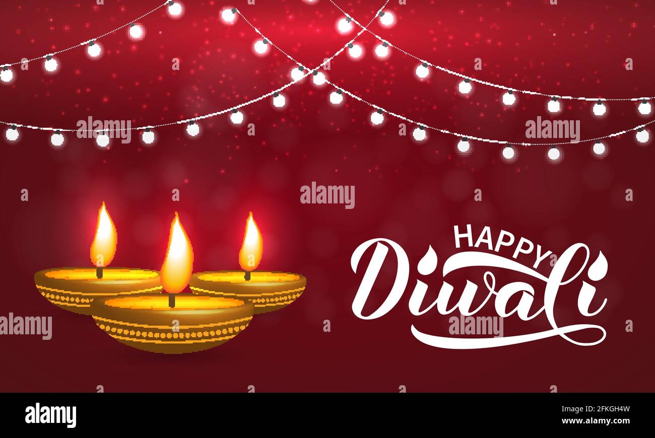 Happy Diwali calligraphy hand lettering with burning diya lamps ...