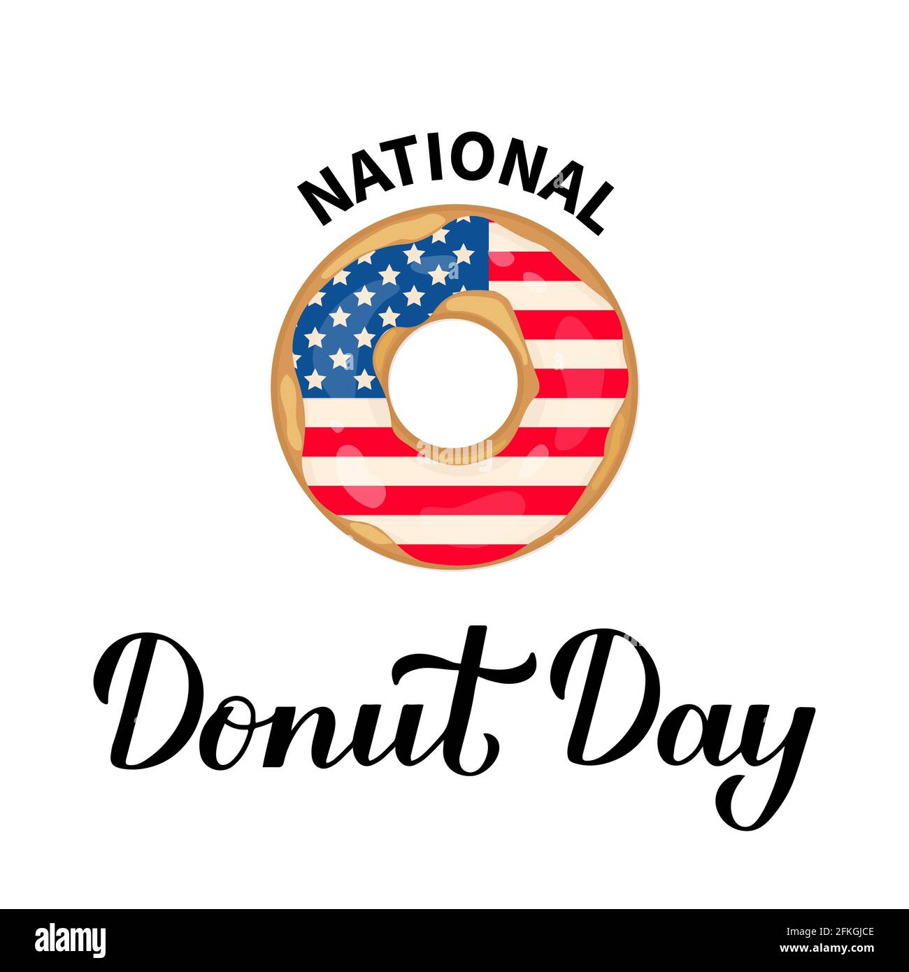 National Donut Day calligraphy lettering and doughnut with an American ...