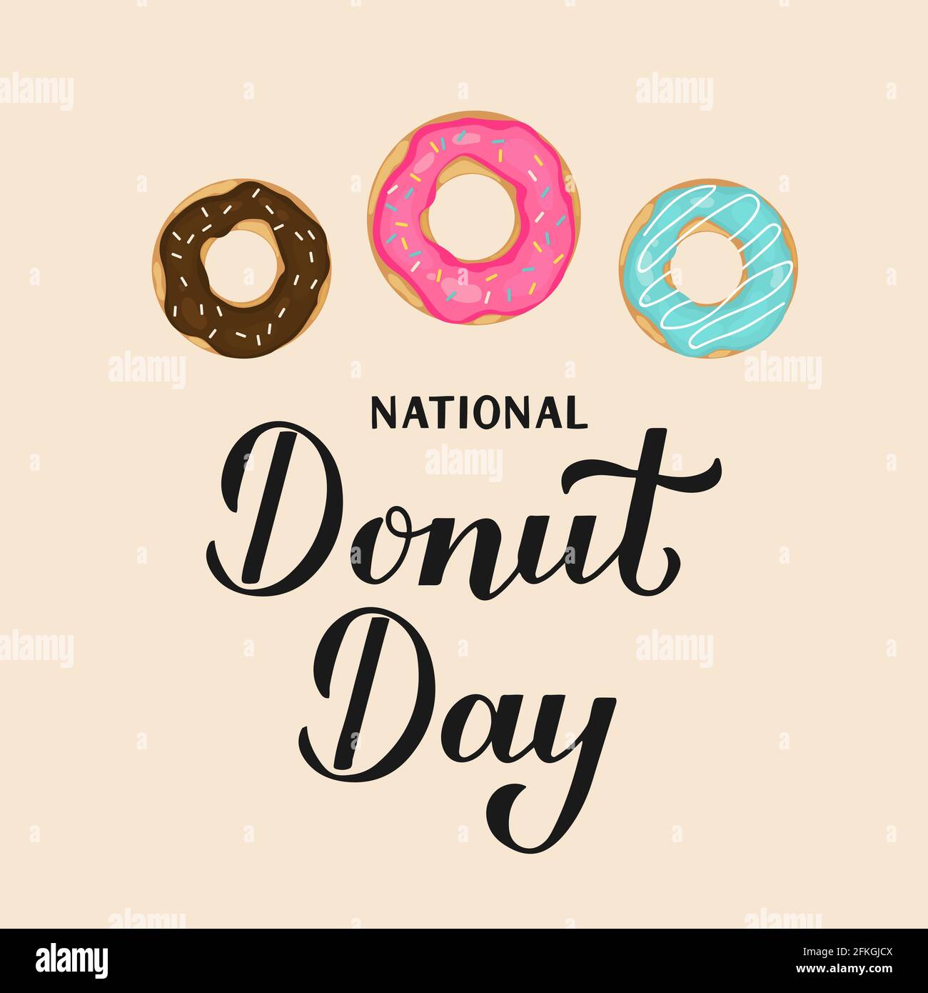 National Donut Day calligraphy lettering and doughnuts. Vector template ...