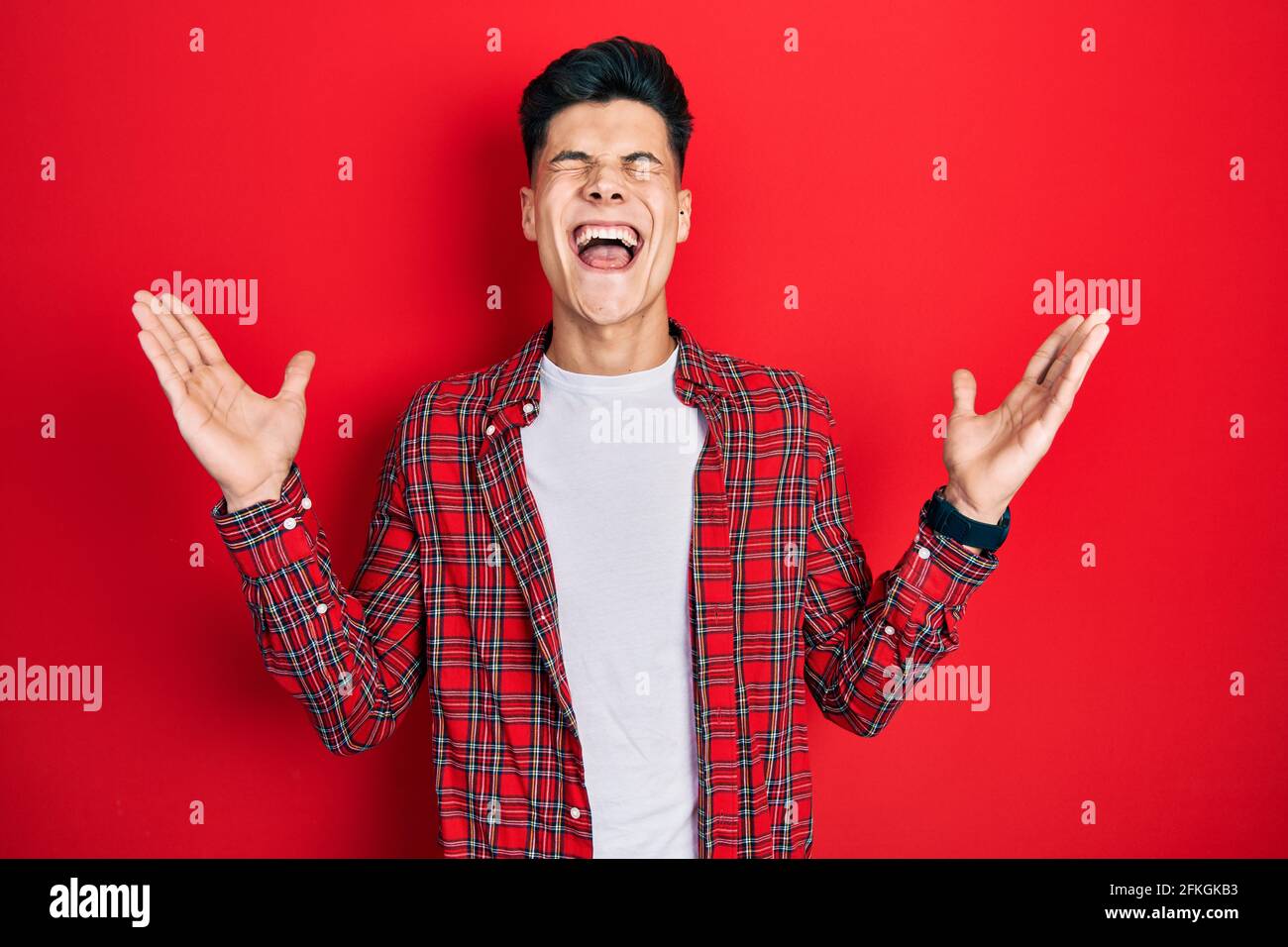 Young hispanic man wearing casual clothes celebrating mad and crazy for ...