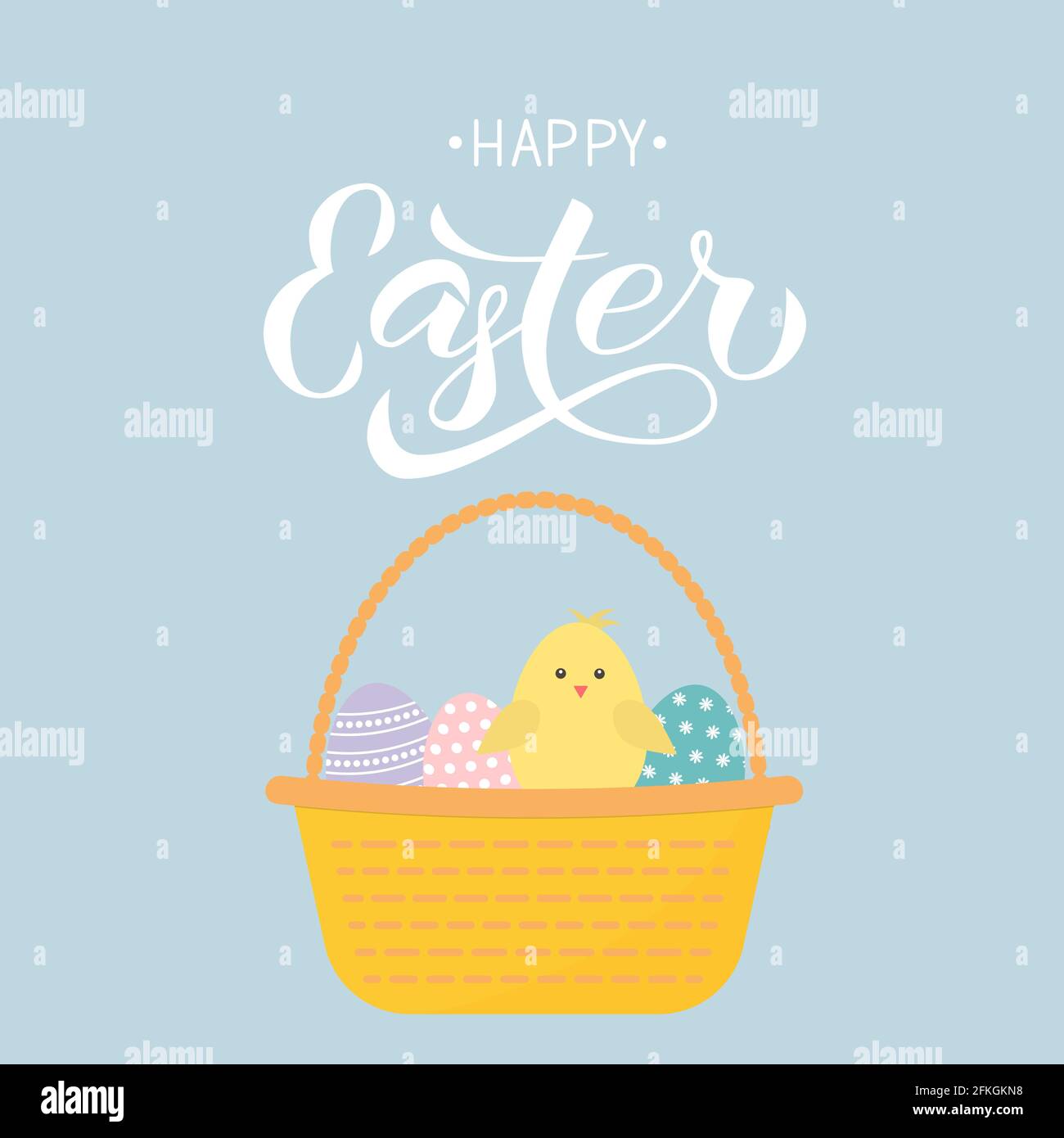 Happy Easter calligraphy hand lettering. Basket of eggs and cute ...