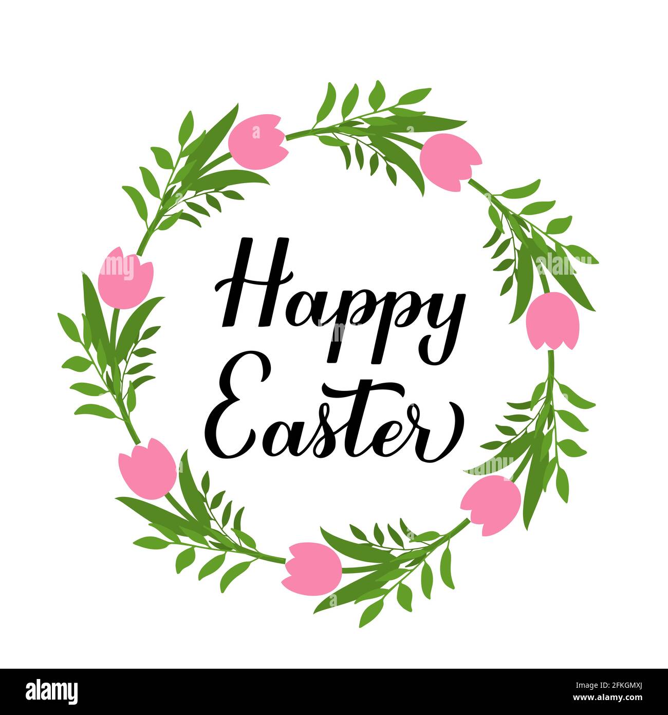 Happy Easter Calligraphy Hand Lettering With Floral Wreath Easter