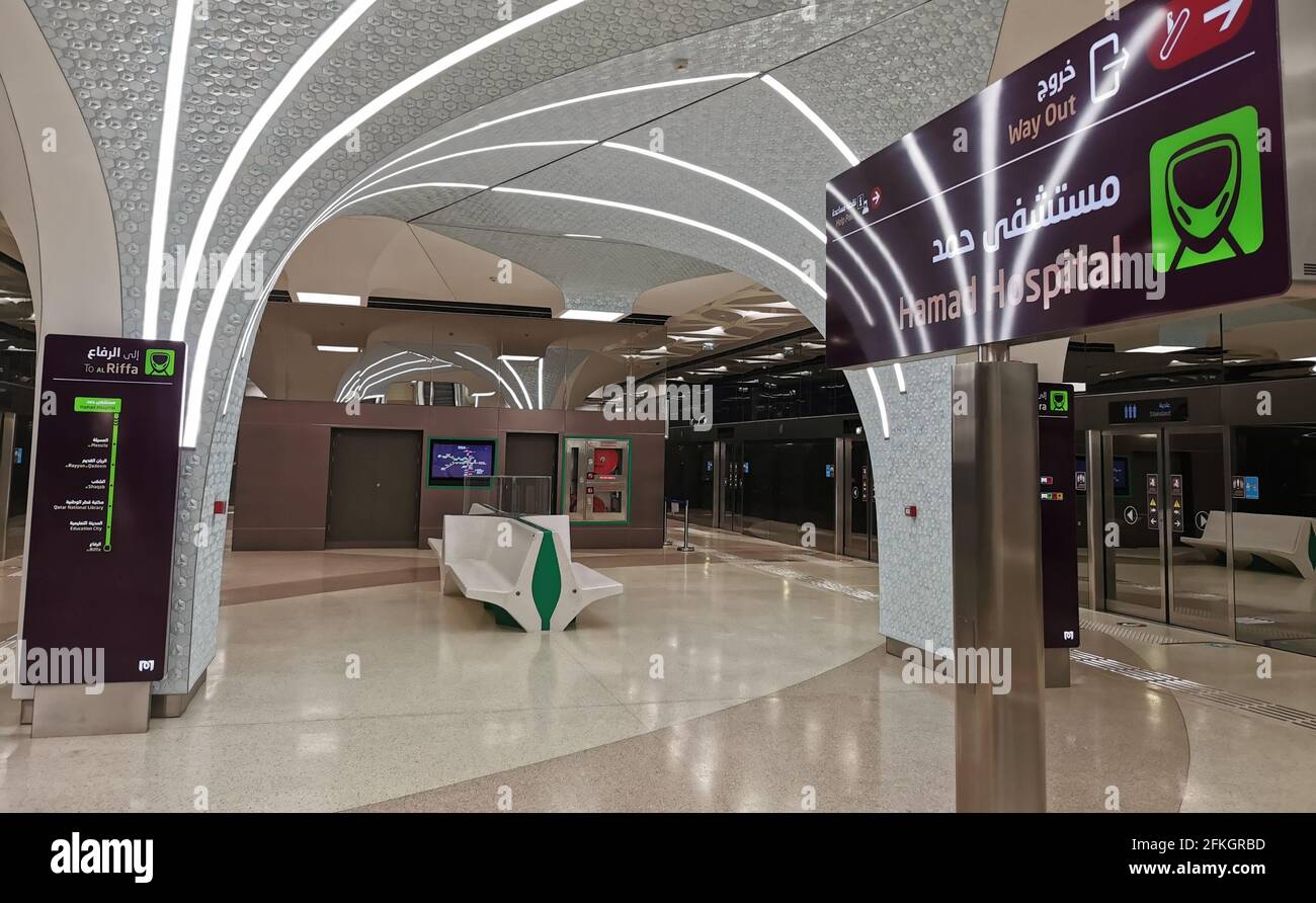 Doha, Qatar- October 29 2020 - Qatar metro station interior. doha metro ...