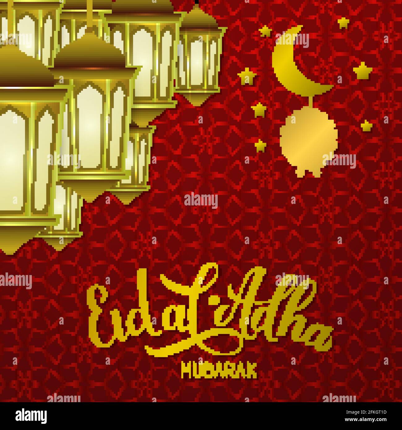 Eid al-Adha calligraphy lettering and lanterns on red Arabic pattern ...