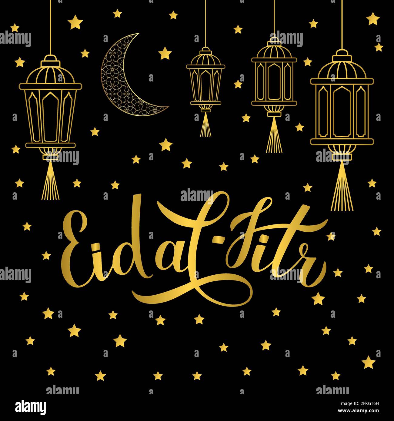 Eid al-Fitr calligraphy lettering with lanterns and stars on black ...