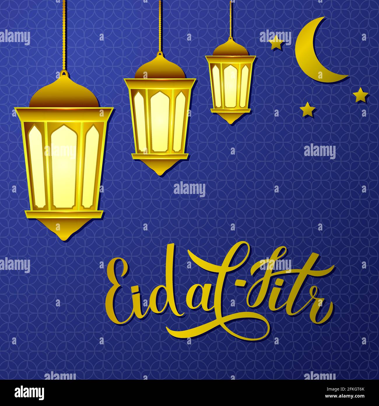 Eid al-Fitr calligraphy lettering and lanterns on blue Arabic pattern ...