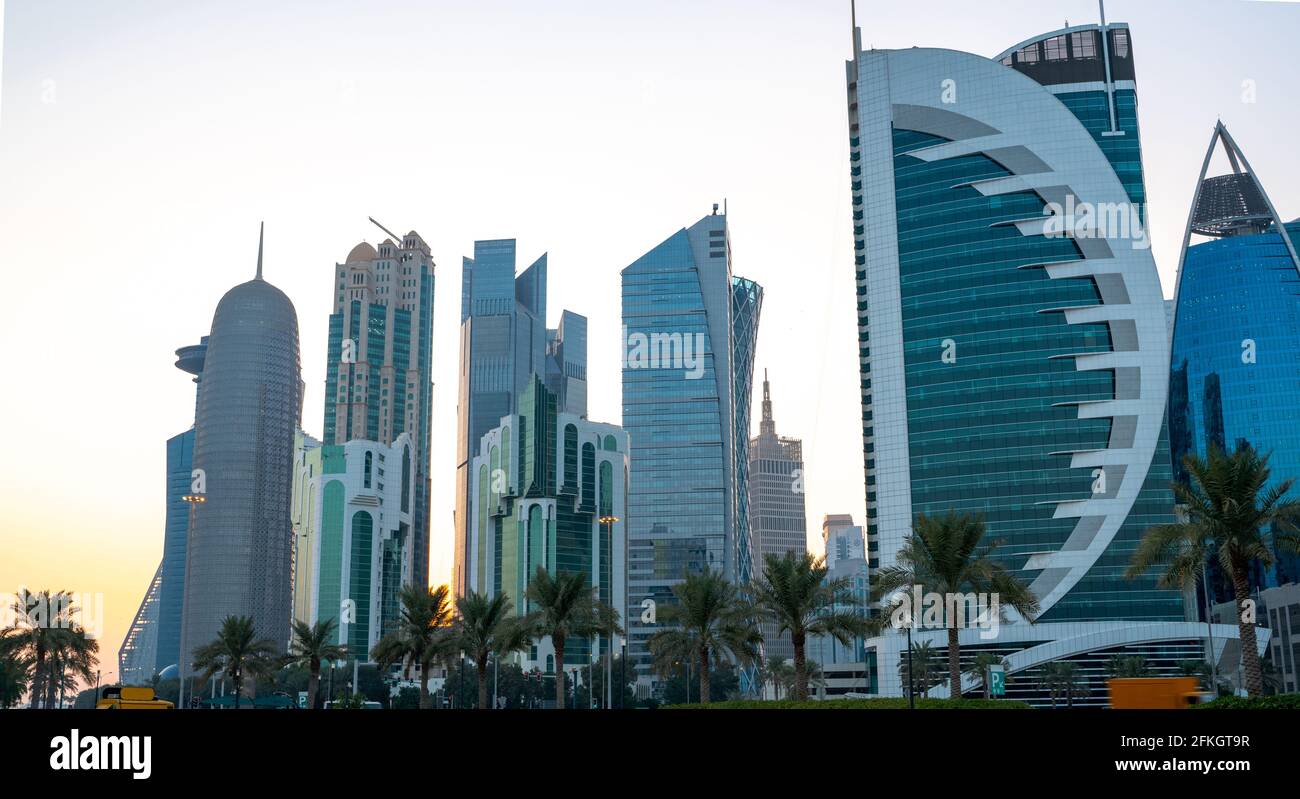 Colorful Skyline of Doha Qatar City during night during winter season ...