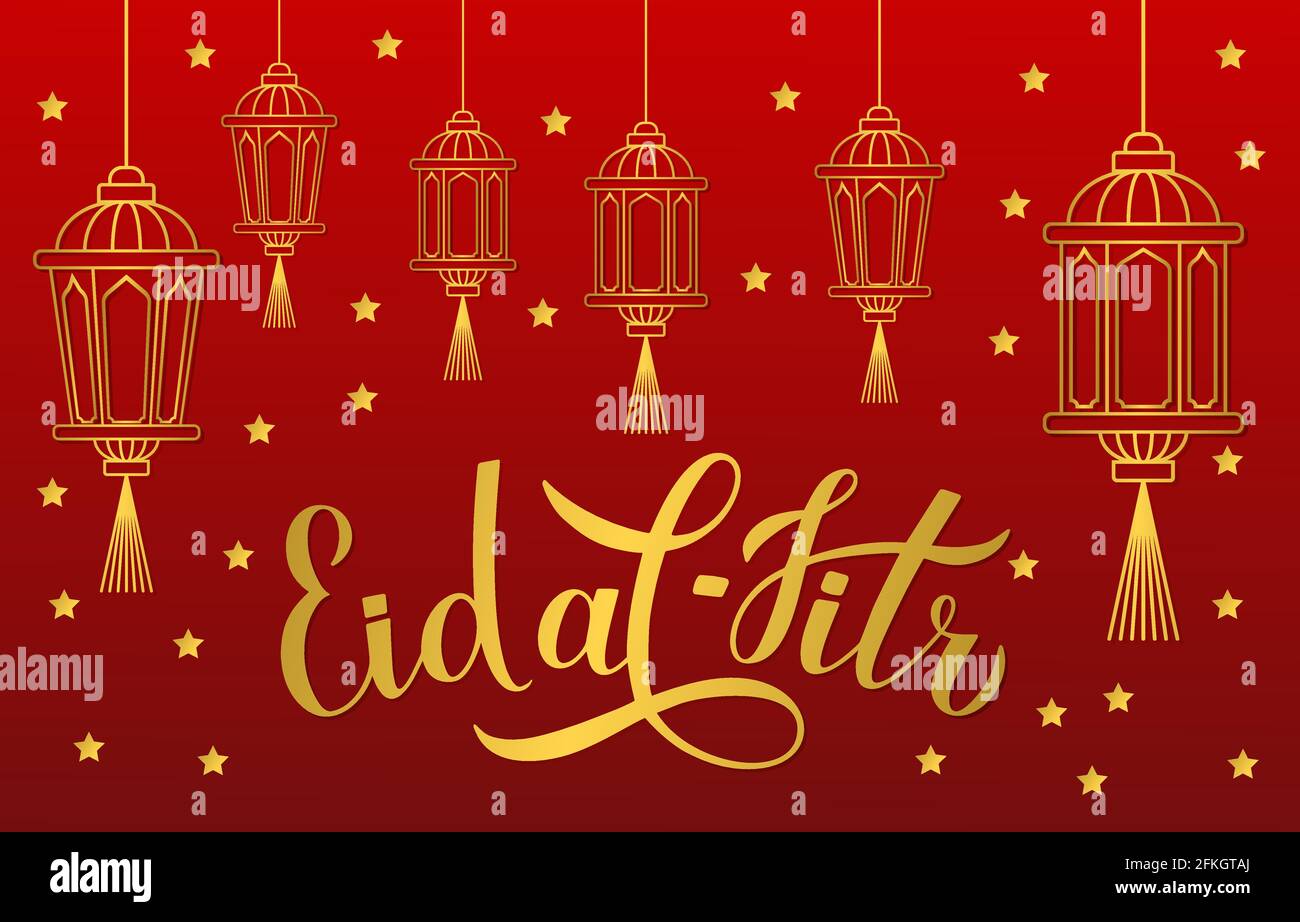 Eid al-Fitr calligraphy lettering with paper lanterns on red background ...