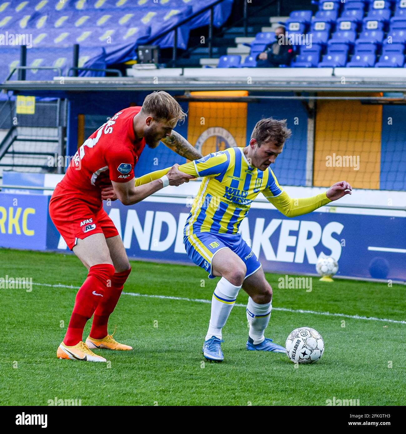 WAALWIJK, NETHERLANDS - MAY 1: Timo Letschert of AZ, Thijs Oosting of RKC Waalwijk during the ...