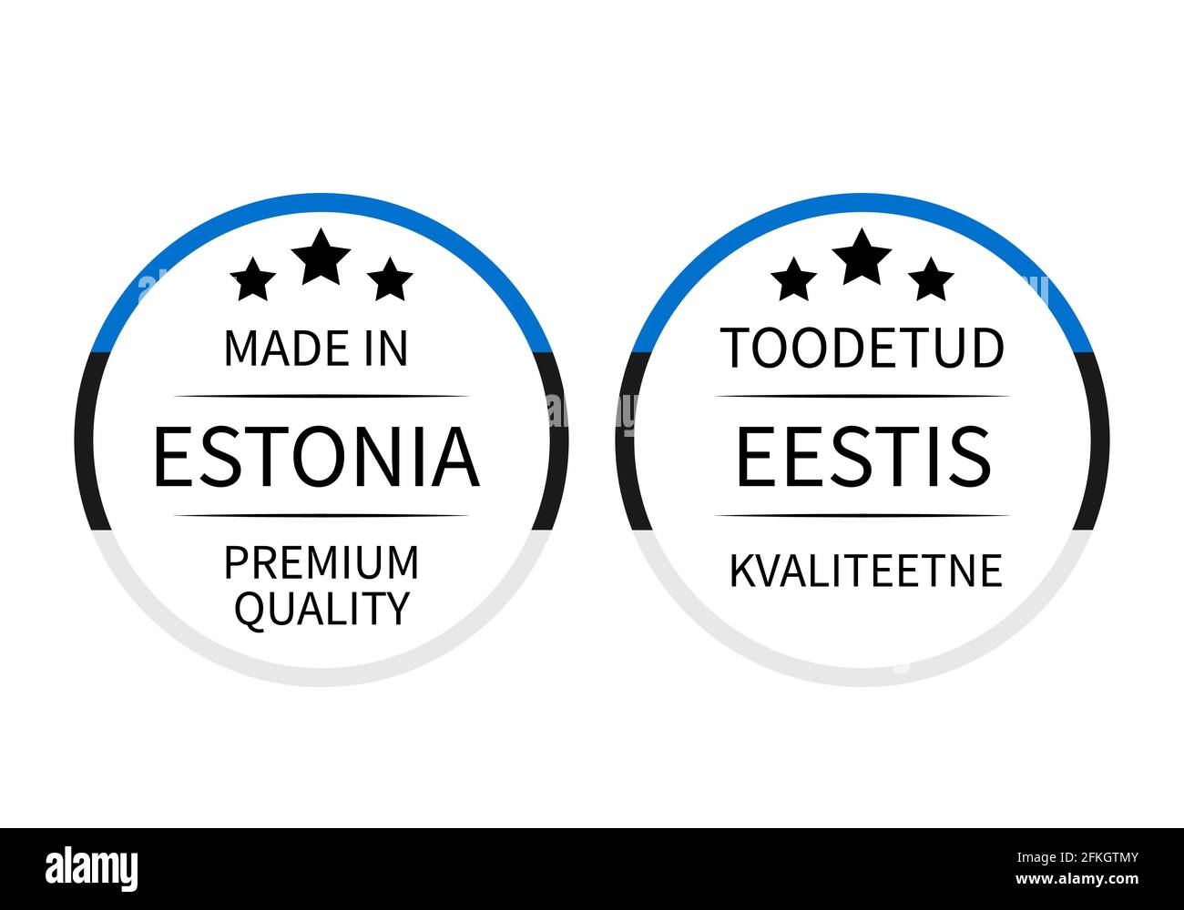 Made in Estonia round labels in English and in Estonian languages ...
