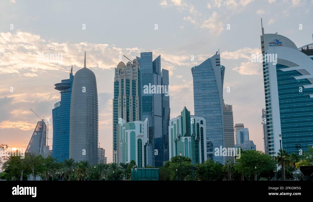 Qatar capital city Doha skyline with high rise buildings. selective ...