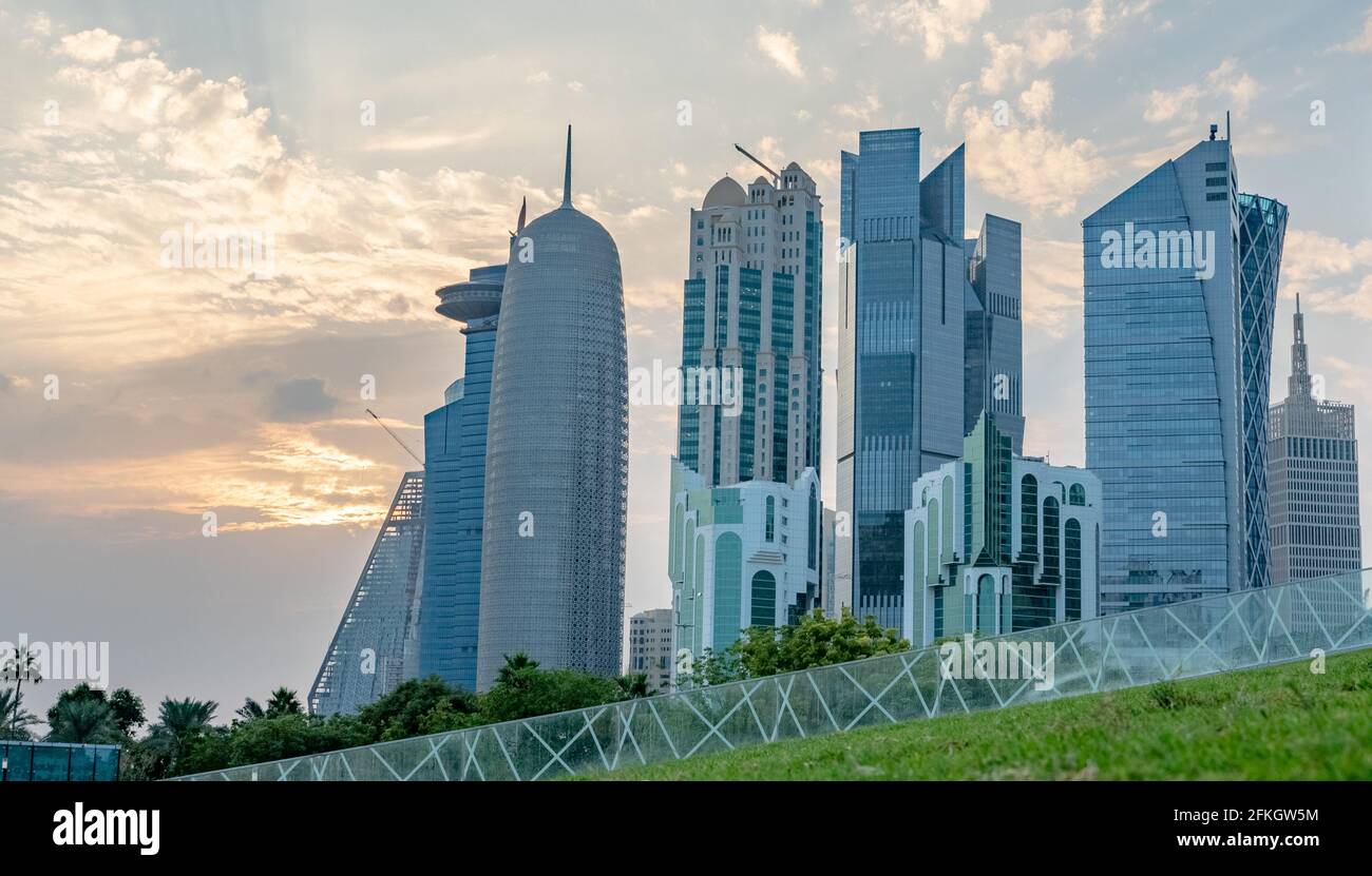 Qatar capital city Doha skyline with high rise buildings. selective ...