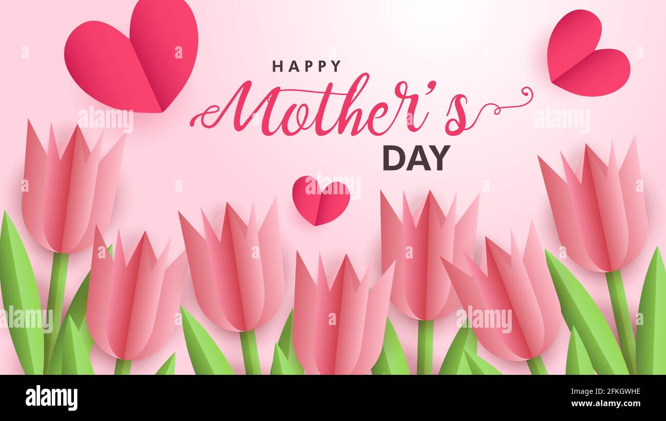 Happy Mothers Day Paper Cut Style Flowers And Heart Poster Banner