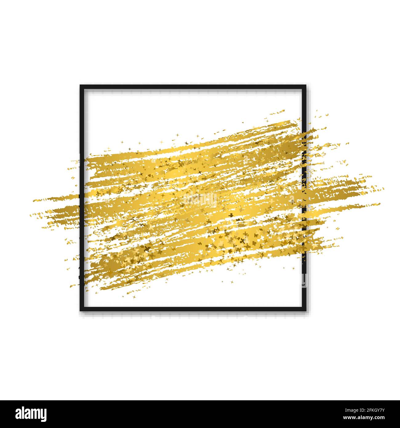 Gold brush stroke with sparkles in black square frame isolated on white ...