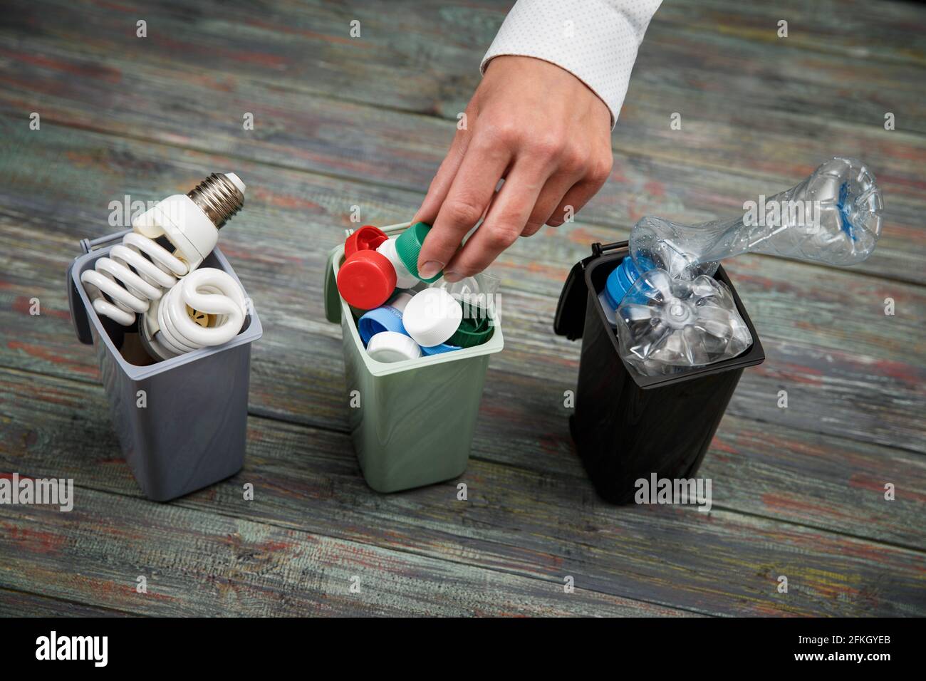 Ecology concept, a lot of recyclable objects in containers on the ...