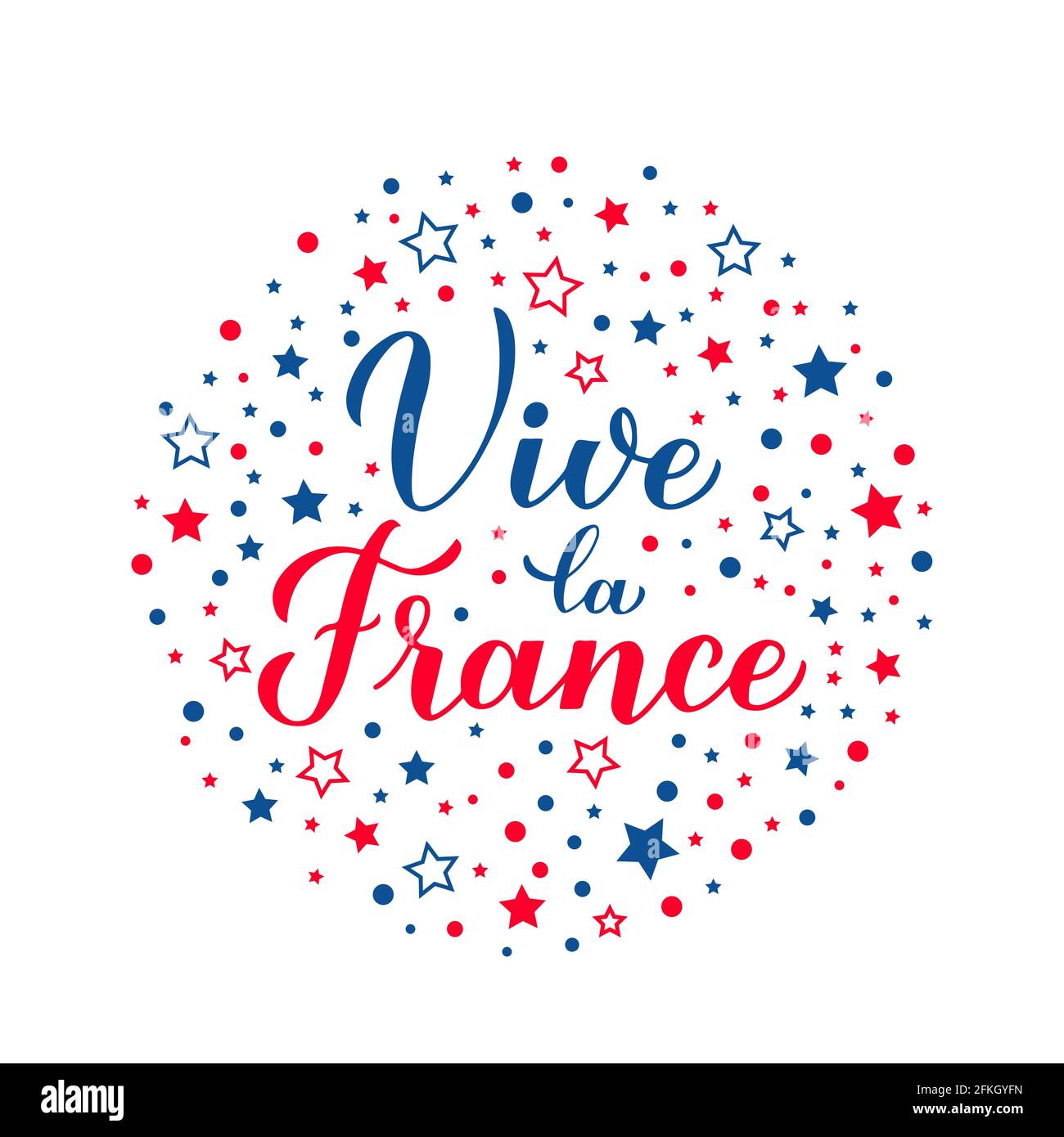Vive la France calligraphy hand lettering with red and blue dots and ...