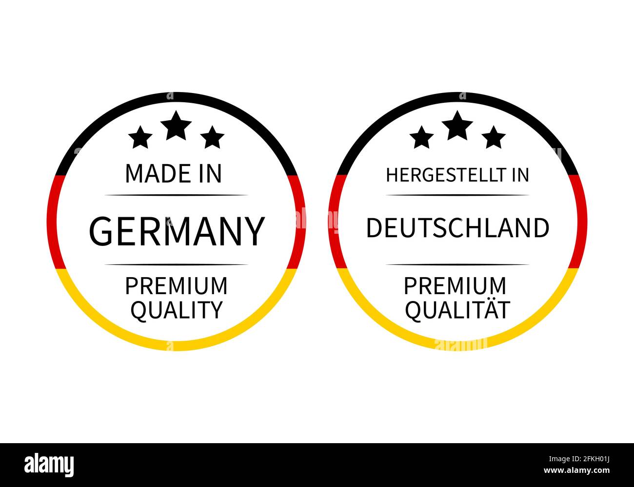 Made in Germany round labels in English and in German languages ...