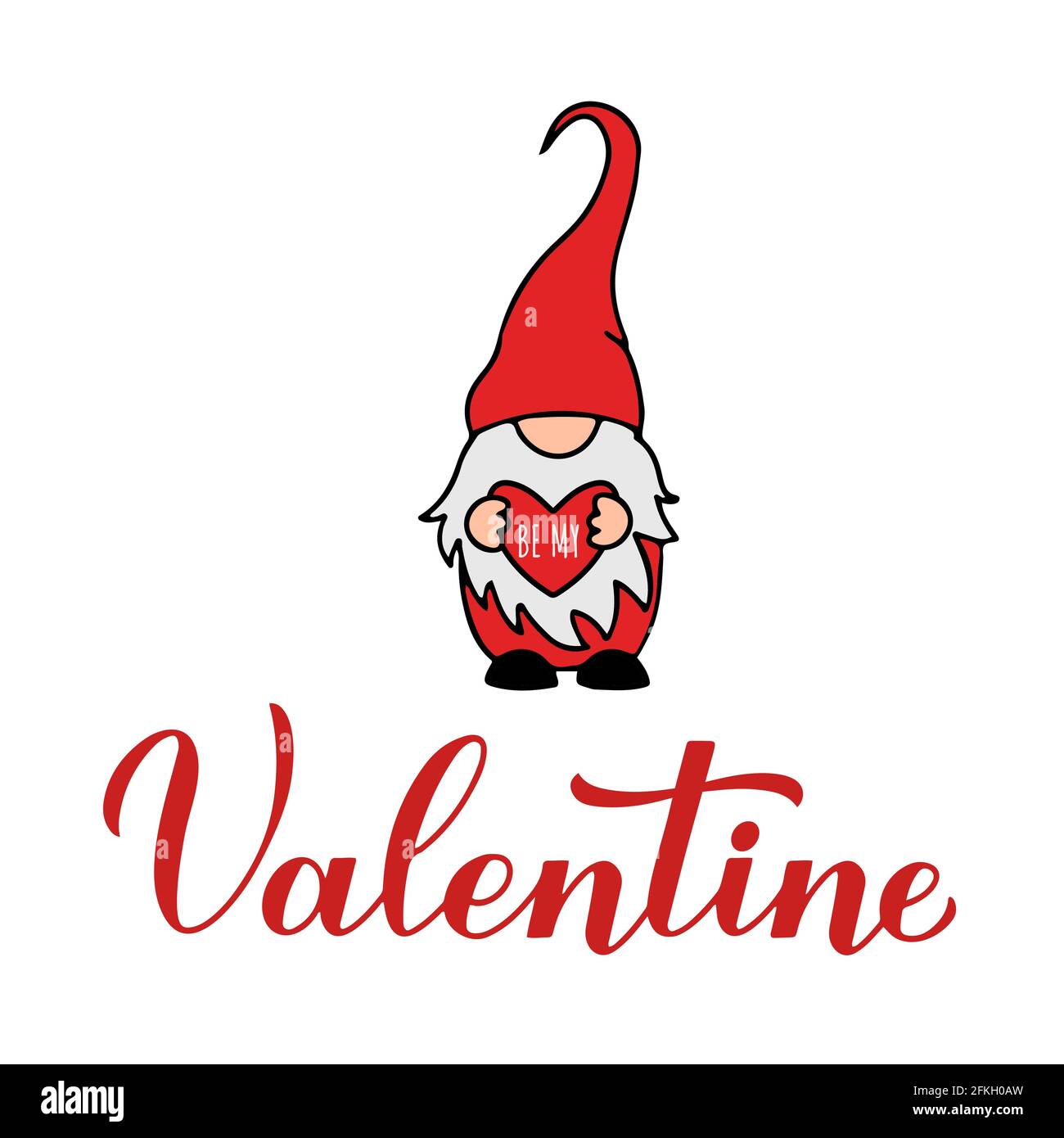 Be my Valentine hand lettering with cute gnome holding heart ...