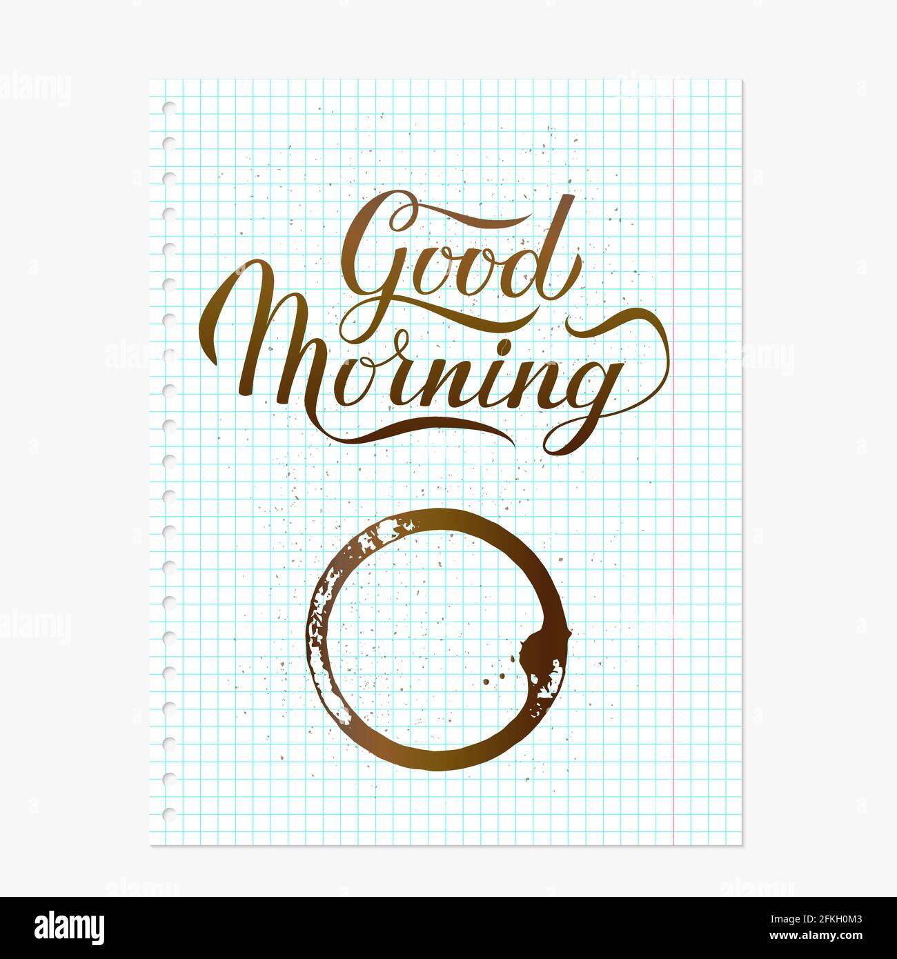 Good morning hand written on torn checkered paper sheet with coffee ...